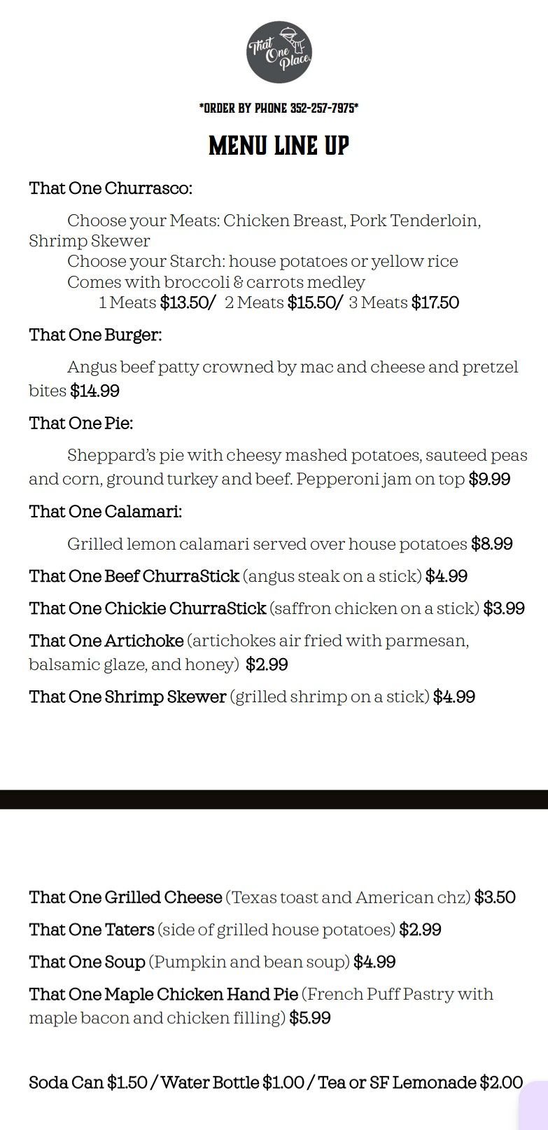 New Menu, New location 10.31.25 – That One Place LLC, Est. 2022